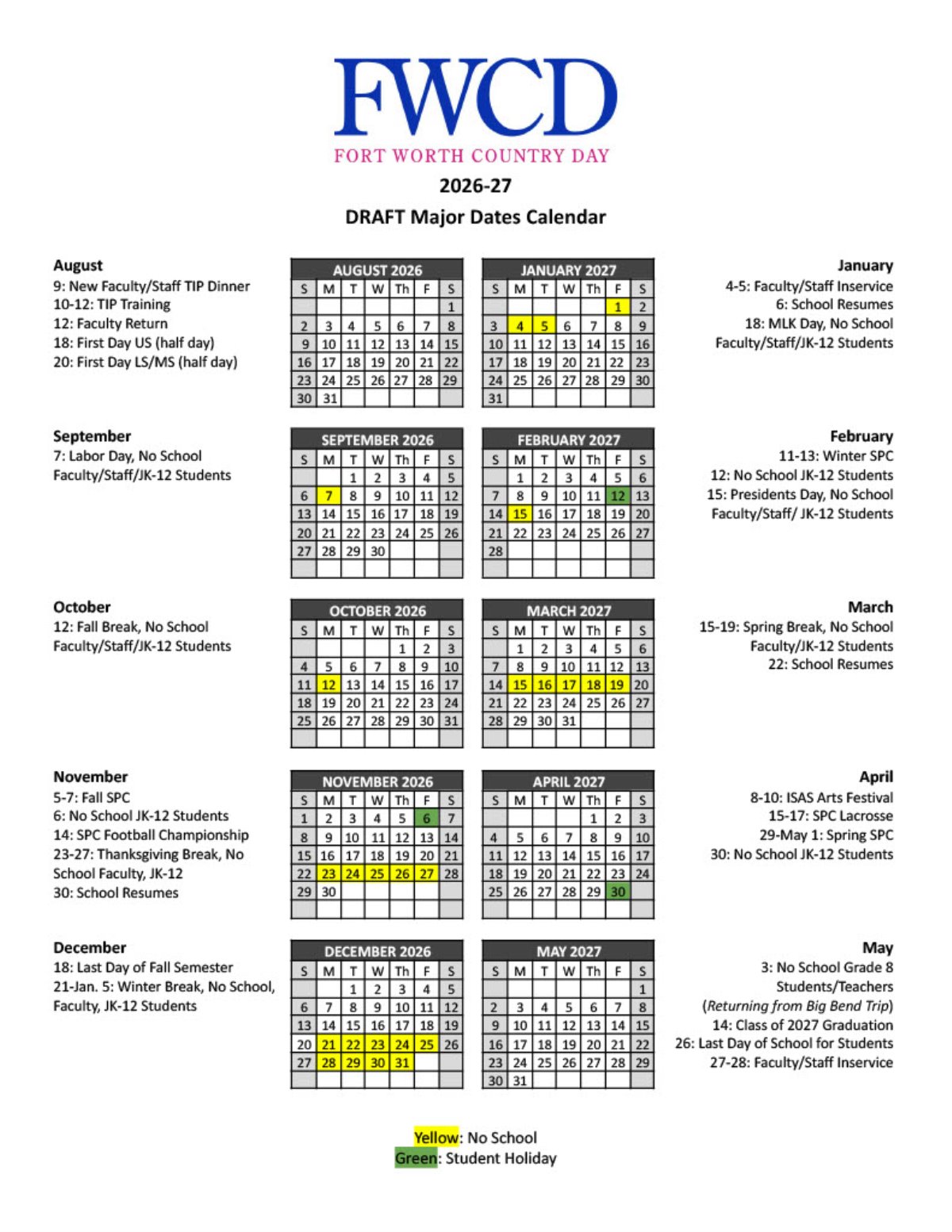 DRAFT 2026-27 Major Dates Calendar | News | Fort Worth Country Day